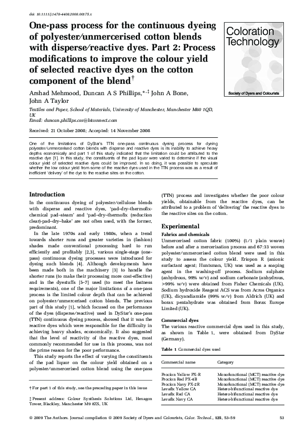 (PDF) One-pass process for the continuous dyeing of polyester/unmercerised cotton blends with ...