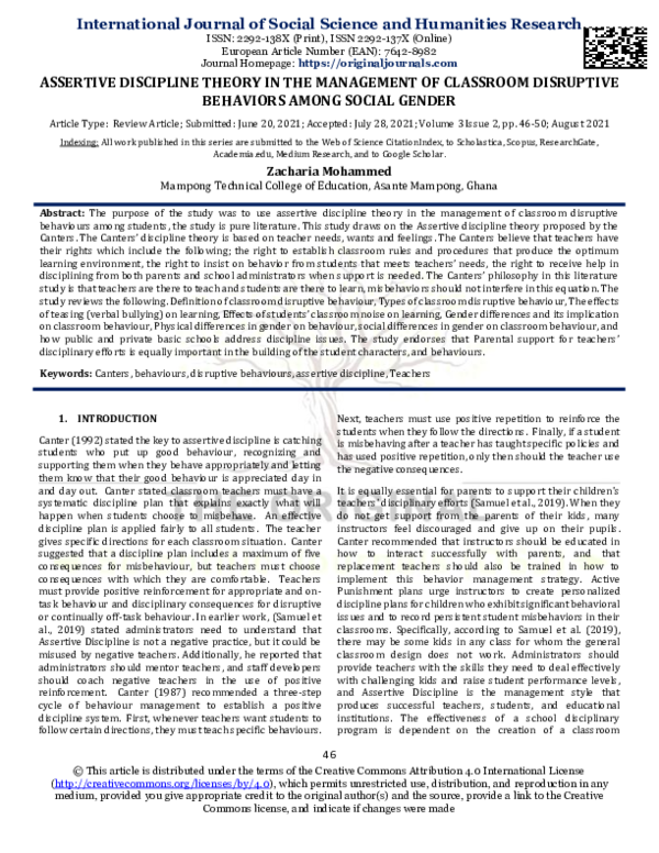 (PDF) ASSERTIVE DISCIPLINE THEORY IN THE MANAGEMENT OF CLASSROOM ...