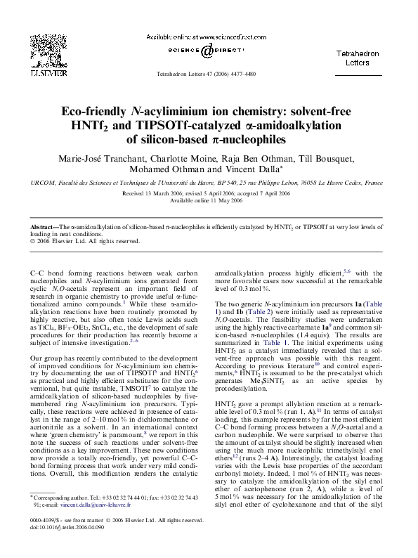 (PDF) Eco-friendly N-acyliminium ion chemistry: solvent-free HNTf2 and ...