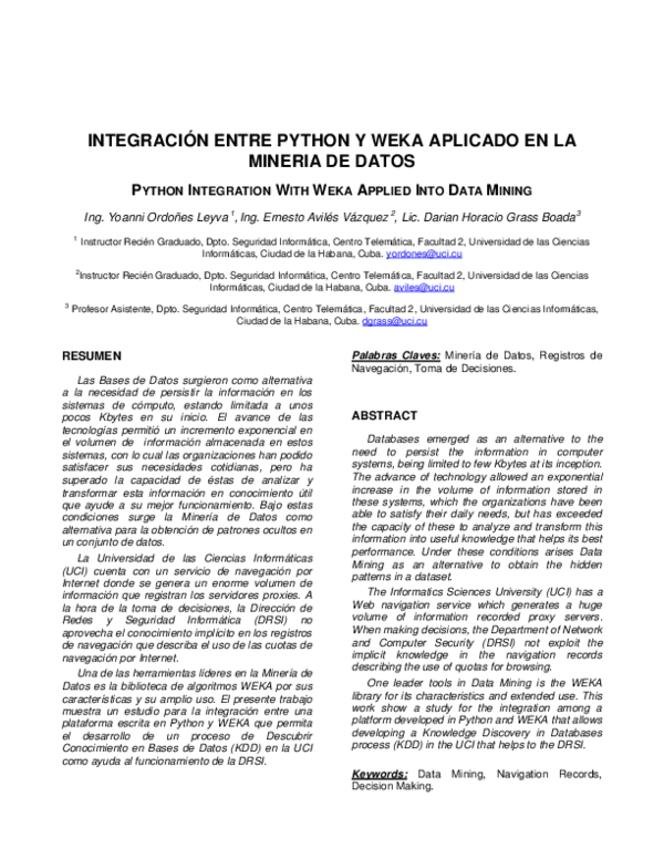 (PDF) Integración Entre Python y Weka Aplicado en La Mineria De Datos