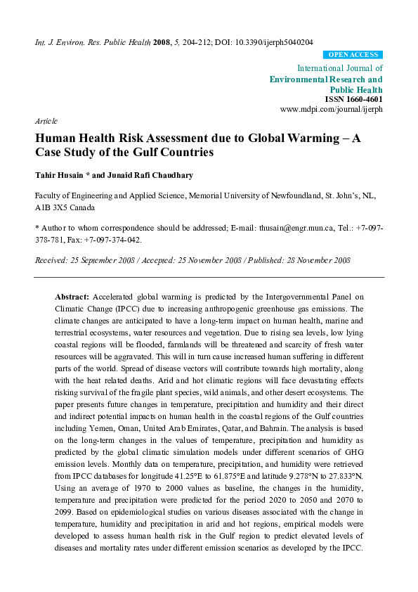 (PDF) Human Health Risk Assessment due to Global Warming – A Case Study ...
