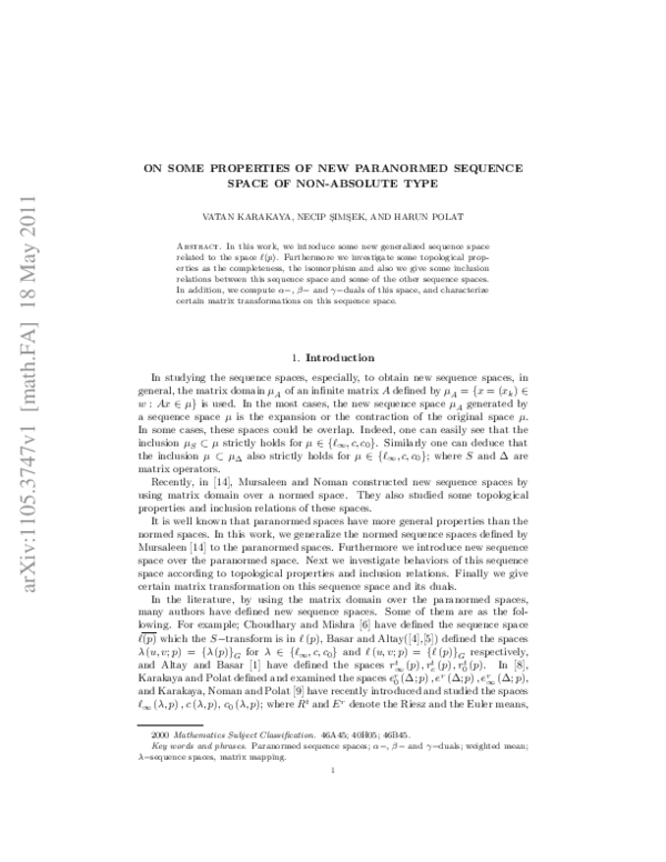 (PDF) On Some Properties of New Paranormed Sequence Space of Nonabsolute Type