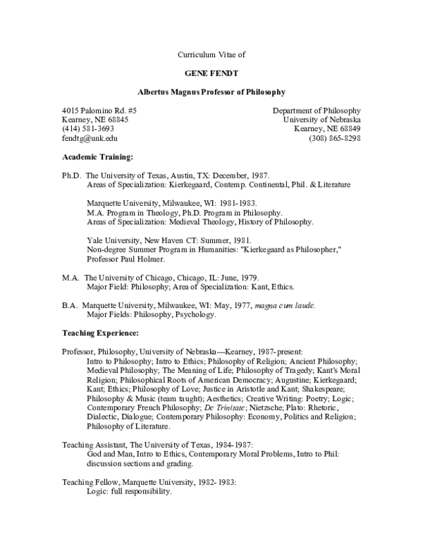 (DOC) Curriculum Vitae of GENE FENDT Albertus Magnus Professor of ...