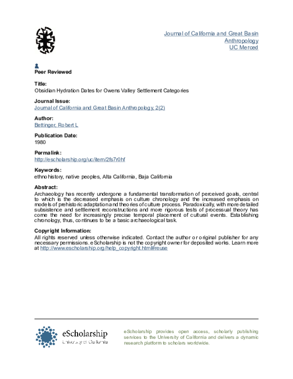 (PDF) Obsidian hydration dates for Owens Valley settlement categories