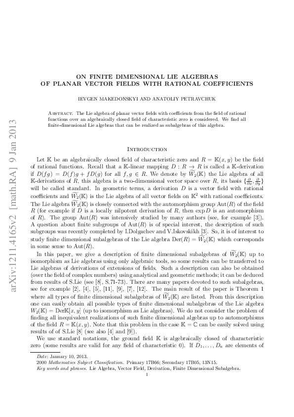 Pdf On Finite Dimensional Lie Algebras Of Planar Vector Fields With Rational Coefficients
