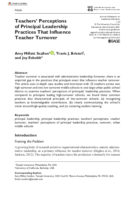 (PDF) Teachers' Perceptions of Principal Leadership Practices That Influence Teacher Turnover