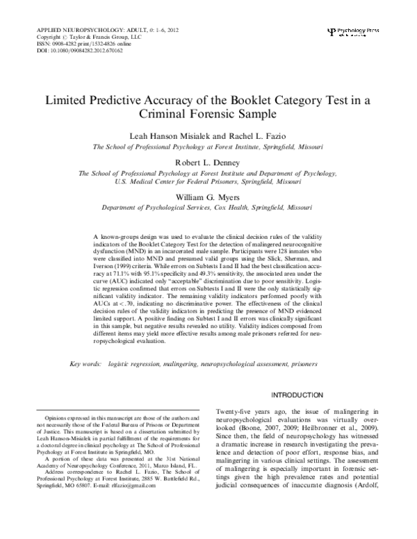 (PDF) Limited Predictive Accuracy of the Booklet Category Test in a ...