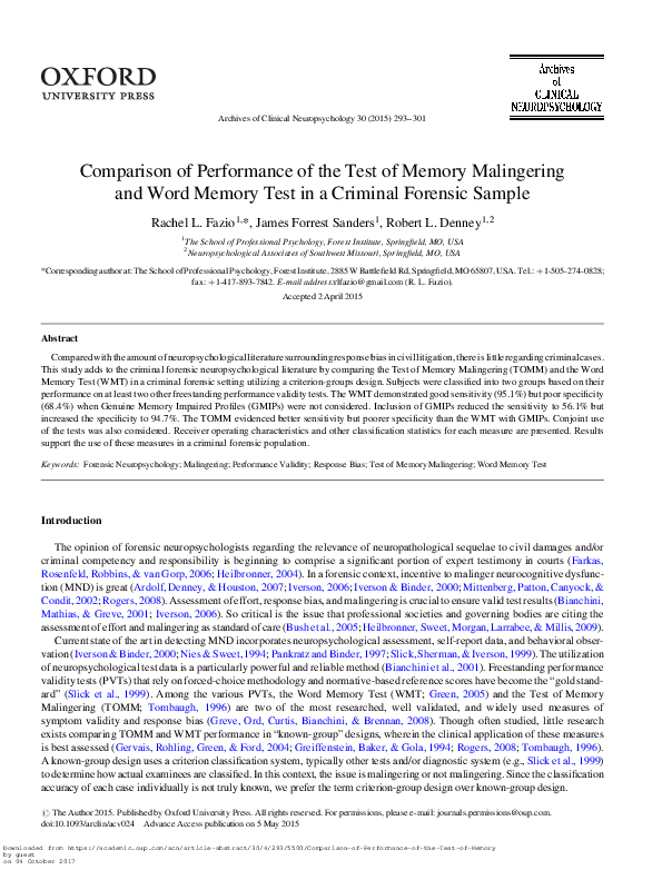 (PDF) Comparison of performance of the test of memory malingering and ...