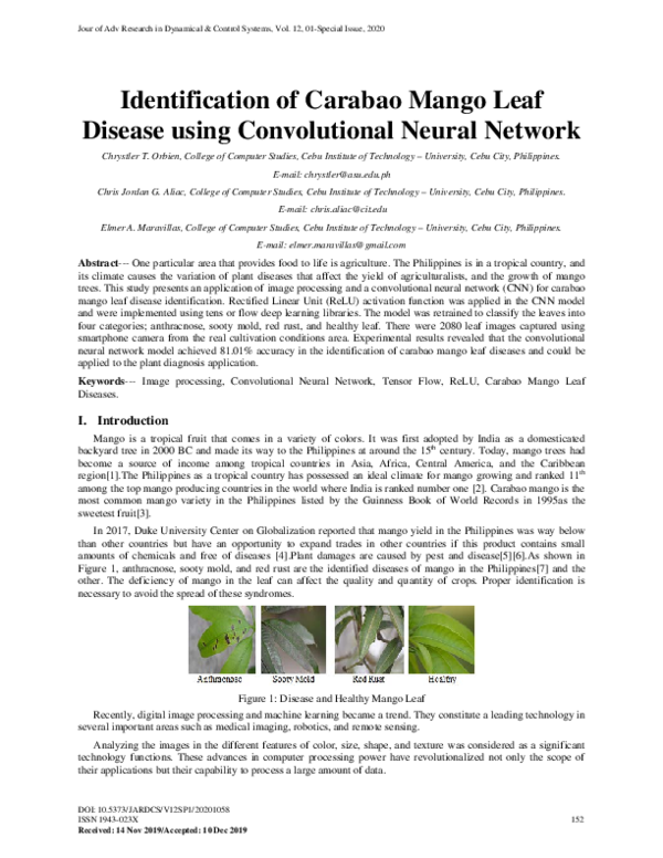 (PDF) Identification of Carabao Mango Leaf Disease using Convolutional Neural Network