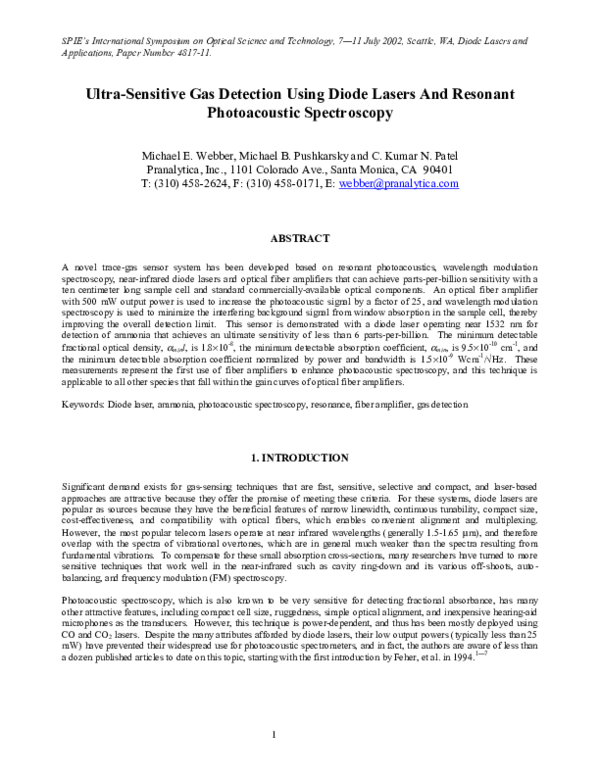 (PDF) Ultrasensitive gas detection using diode lasers and resonant photoacoustic spectroscopy