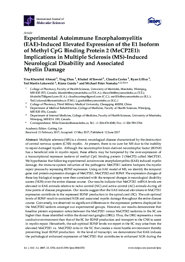 (PDF) Experimental autoimmune encephalomyelitis (EAE) as a model for ...