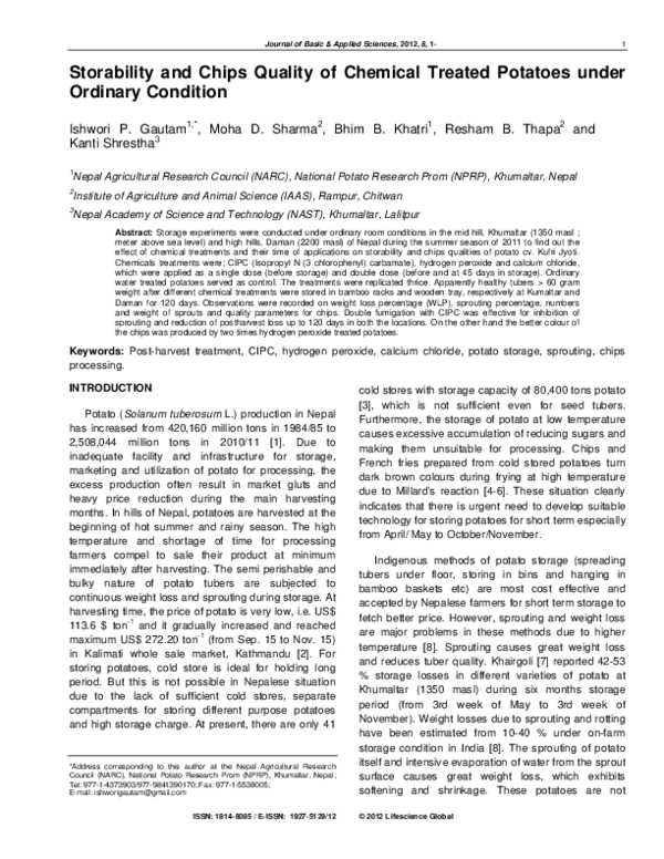 (PDF) Storability and Chips Quality of Chemical Treated Potatoes under ...
