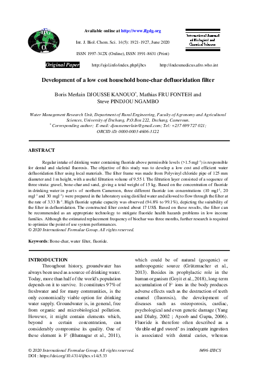 (PDF) Development of a low cost household bone-char defluoridation filter