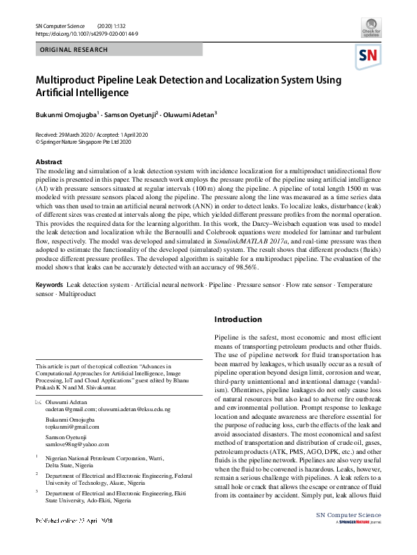 Pdf Multiproduct Pipeline Leak Detection And Localization System
