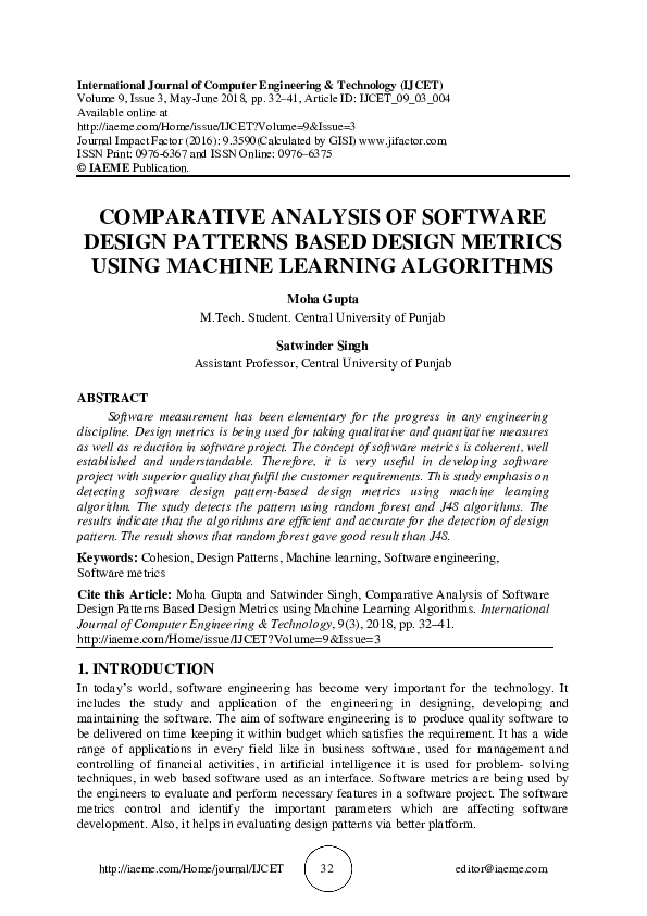 (PDF) COMPARATIVE ANALYSIS OF SOFTWARE DESIGN PATTERNS BASED DESIGN METRICS USING MACHINE ...