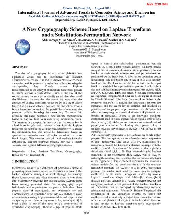 Pdf A New Cryptography Scheme Based On Laplace Transform And A Substitution Permutation