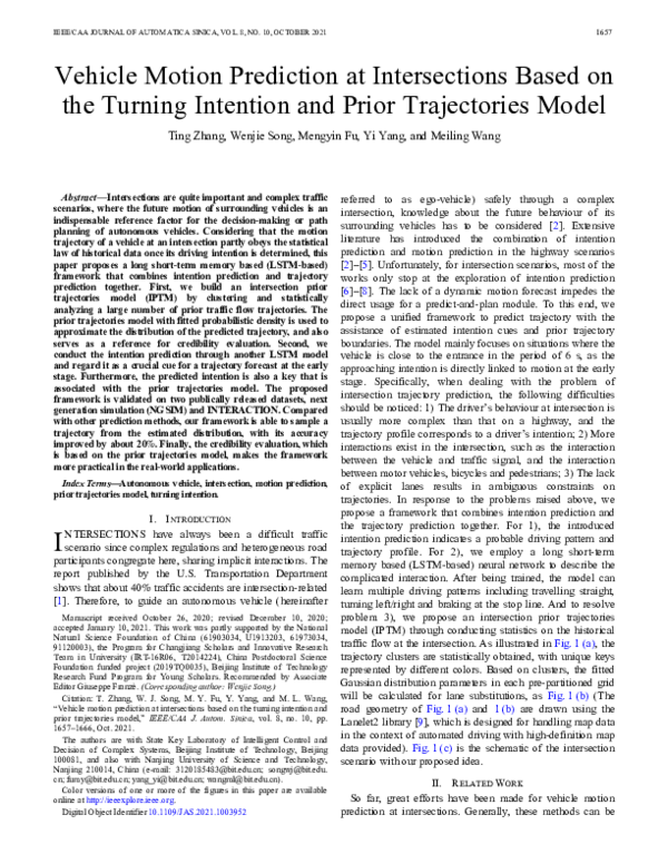 Pdf Vehicle Motion Prediction At Intersections Based On The Turning Intention And Prior