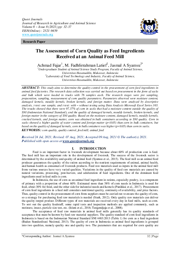 (PDF) The Assessment of Corn Quality as Feed Ingredients Received at an ...