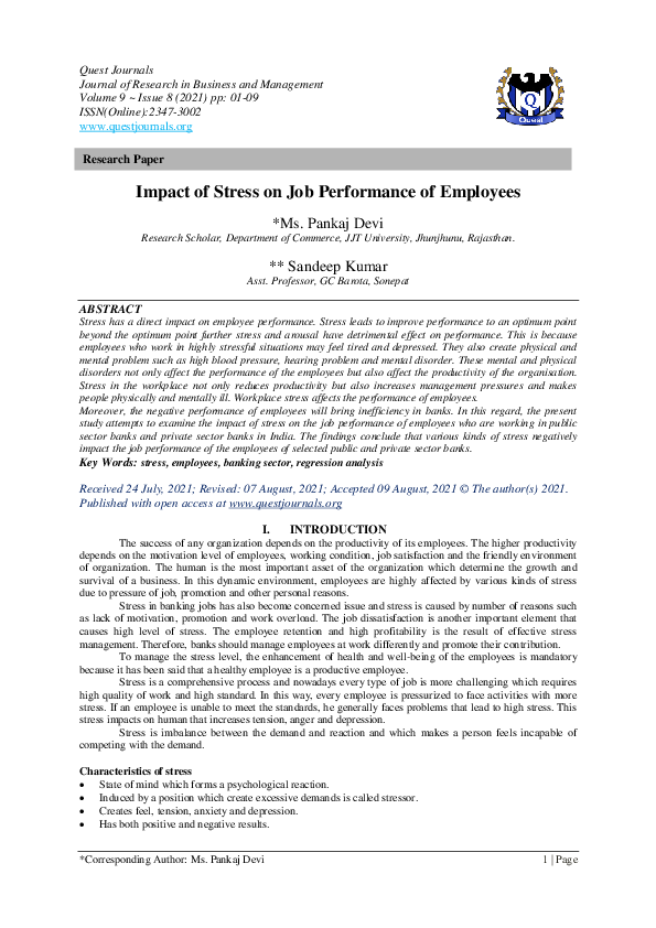 (PDF) Impact of Stress on Job Performance of Employees