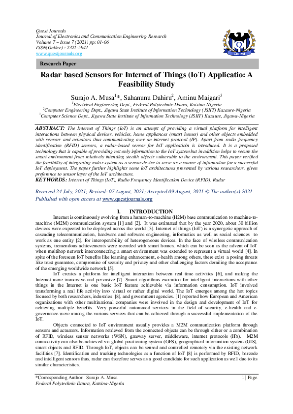 (PDF) Radar based Sensors for Internet of Things (IoT) Applicatio: A ...