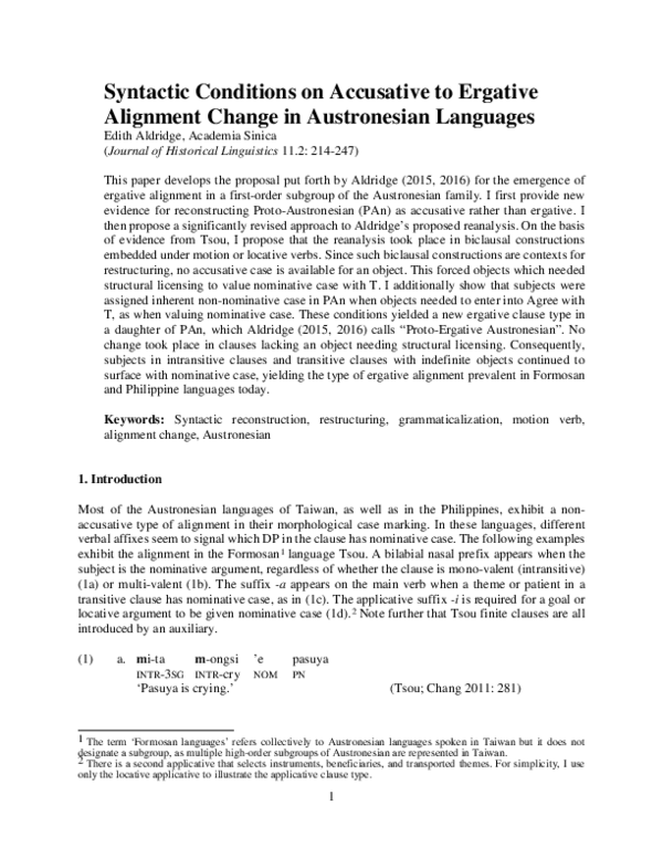 (PDF) Syntactic Conditions on Accusative to Ergative Alignment Change ...
