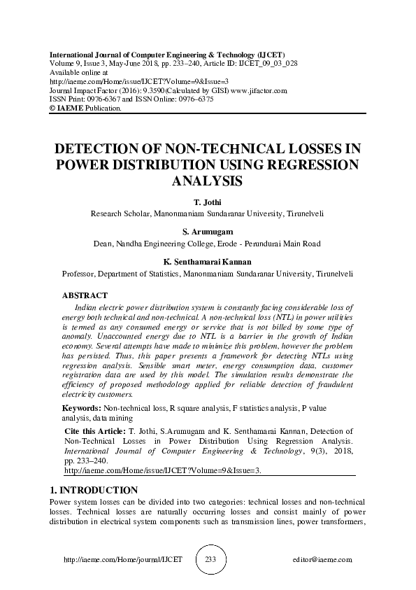 Pdf Detection Of Non Technical Losses In Power Distribution Using Regression Analysis