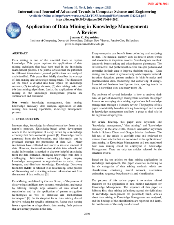 (PDF) Application of Data Mining in Knowledge Management: A Review