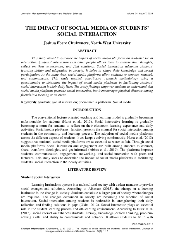 (PDF) THE IMPACT OF SOCIAL MEDIA ON STUDENTS' SOCIAL INTERACTION