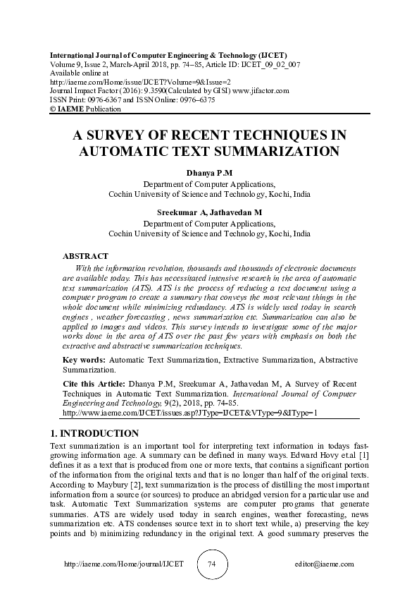 Pdf A Survey Of Recent Techniques In Automatic Text Summarization