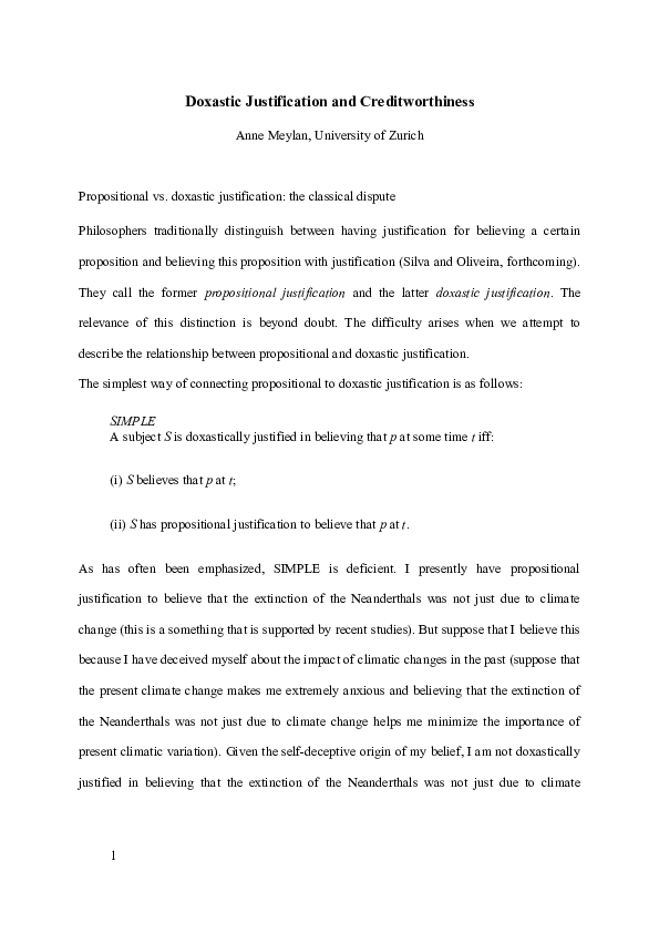 (DOC) Doxastic Justification and Creditworthiness