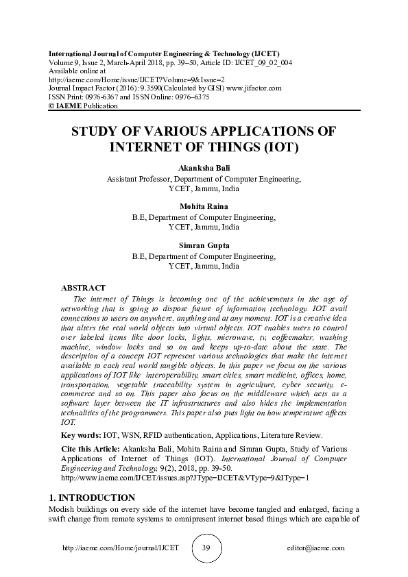 (PDF) STUDY OF VARIOUS APPLICATIONS OF INTERNET OF THINGS (IOT)