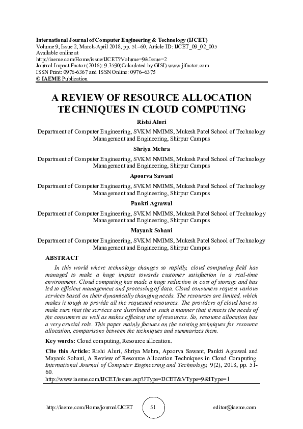 (PDF) A REVIEW OF RESOURCE ALLOCATION TECHNIQUES IN CLOUD COMPUTING