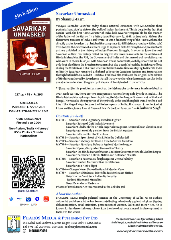 (PDF) SAVARKAR UNMASKED BY SHAMSUL ISLAM [6th EDITION 2021]