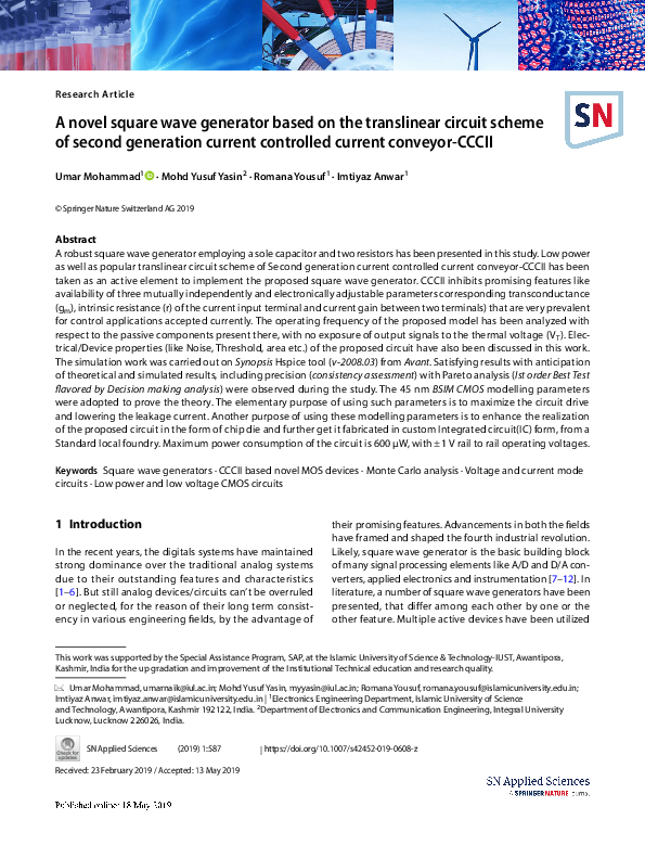 Pdf A Novel Square Wave Generator Based On The Translinear Circuit Scheme Of Second Generation