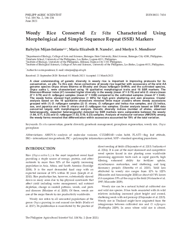 (PDF) Weedy Rice Conserved Ex Situ Characterized Using Morphological and Simple Sequence Repeat ...