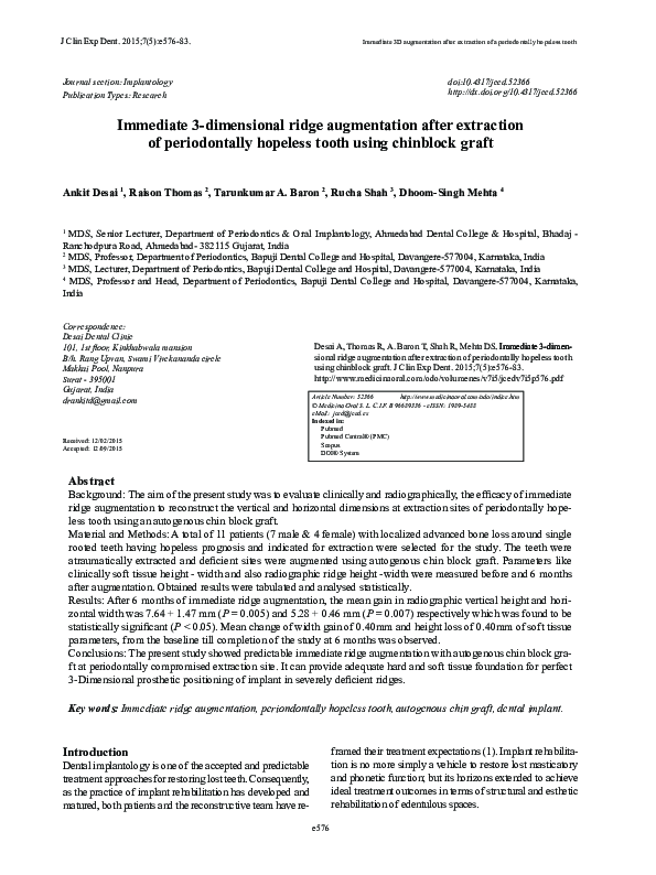 (PDF) Immediate 3-dimensional ridge augmentation after extraction of ...
