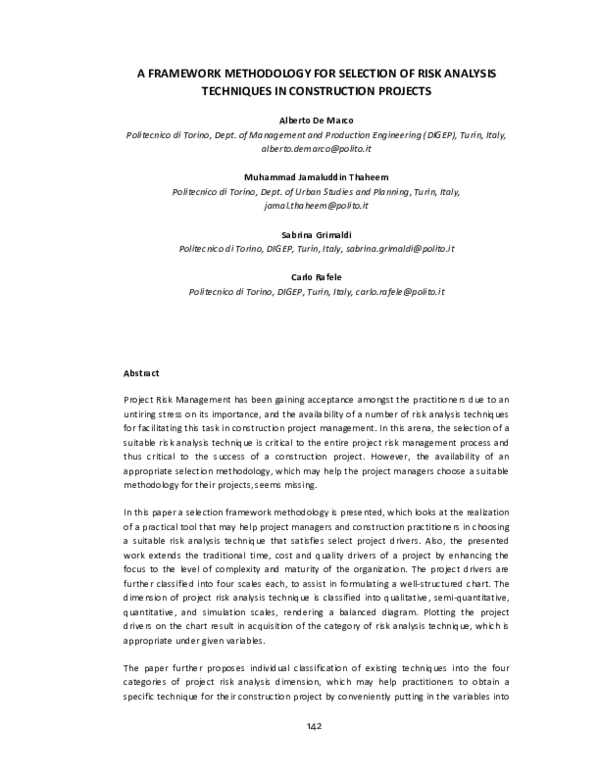 PDF A Framework Methodology For Selection Of Risk Analysis Techniques In Construction Projects PDF A Framework Methodology For Selection Of Risk Analysis Techniques In Construction Projects