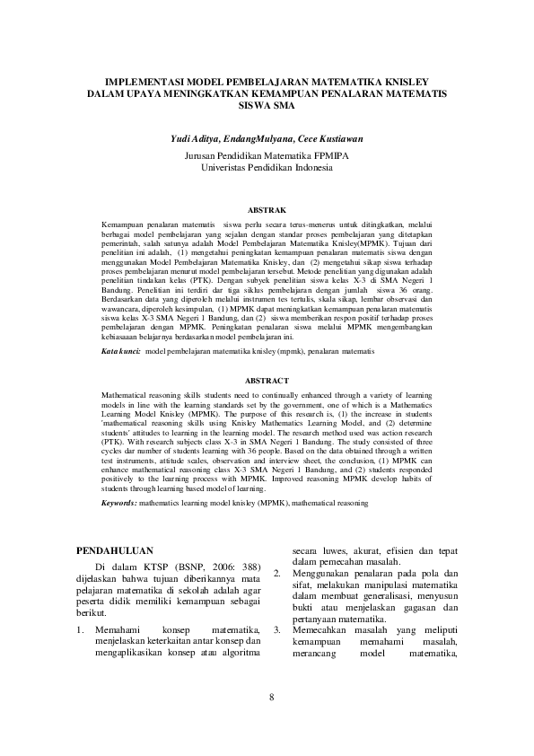 (PDF) Implementasi Model Pembelajaran Matematika Knisley Dalam Upaya Meningkatkan Kemampuan ...