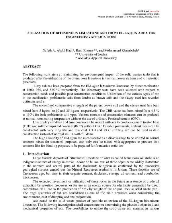 (PDF) Utilization of bituminous limestone ash from EL-LAJJUN area for ...