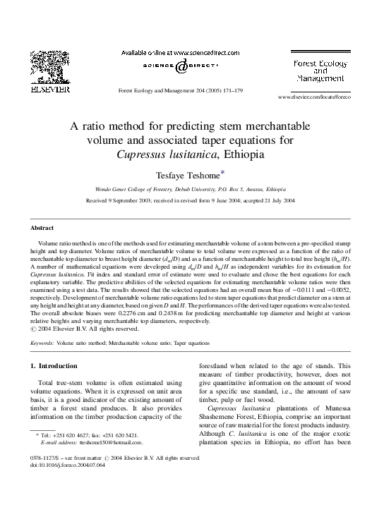 (PDF) A ratio method for predicting stem merchantable volume and associated taper equations for ...