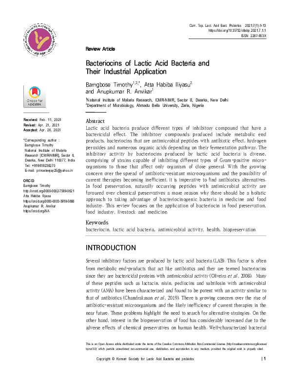 (PDF) Bacteriocins of Lactic Acid Bacteria and their Industrial Application