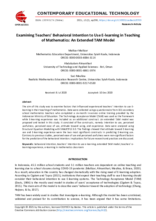 Pdf Examining Teachers Behavioral Intention To Use E Learning In Teaching Of Mathematics An