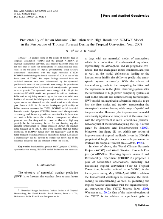 Pdf Predictability Of Indian Monsoon Circulation With High Resolution Ecmwf Model In The