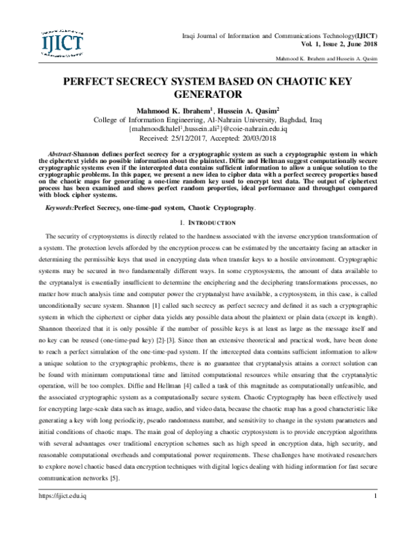(PDF) Perfect Secrecy System Based on Chaotic Key Generator