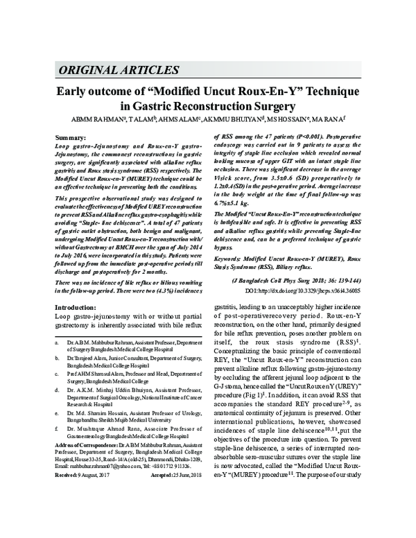 (PDF) Early outcome of “Modified Uncut Roux-En-Y” Technique in Gastric ...
