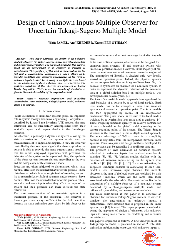 (PDF) Design of Unknown Inputs Multiple Observer for Uncertain Takagi-Sugeno Multiple Model