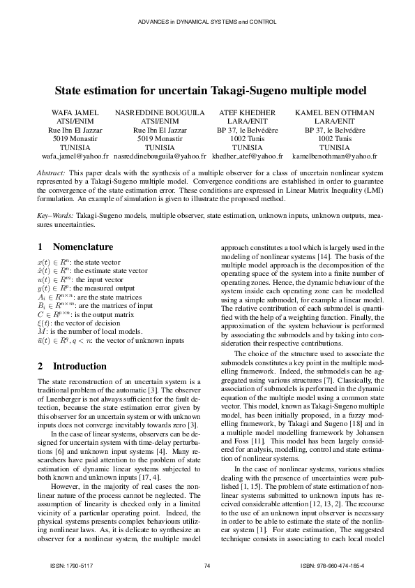 Pdf State Estimation For Uncertain Takagi Sugeno Multiple Model