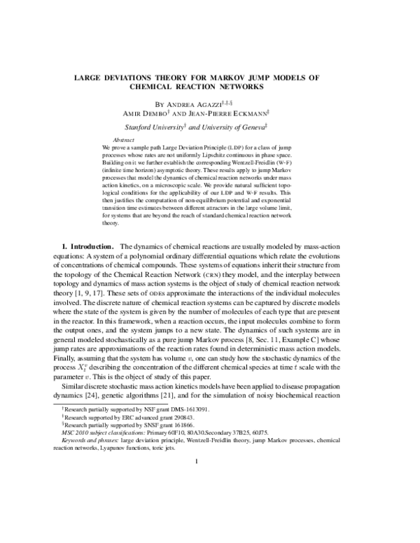 (PDF) LARGE DEVIATIONS THEORY FOR MARKOV JUMP MODELS OF CHEMICAL REACTION NETWORKS