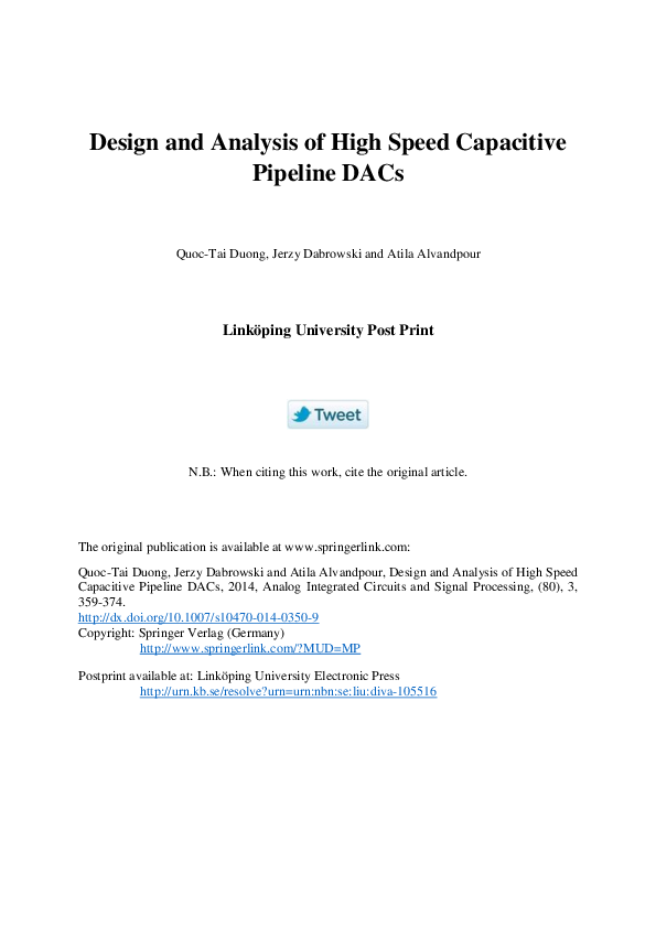 (PDF) Design and analysis of high speed capacitive pipeline DACs