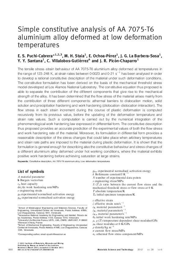 (PDF) Simple constitutive analysis of AA 7075-T6 aluminium alloy ...